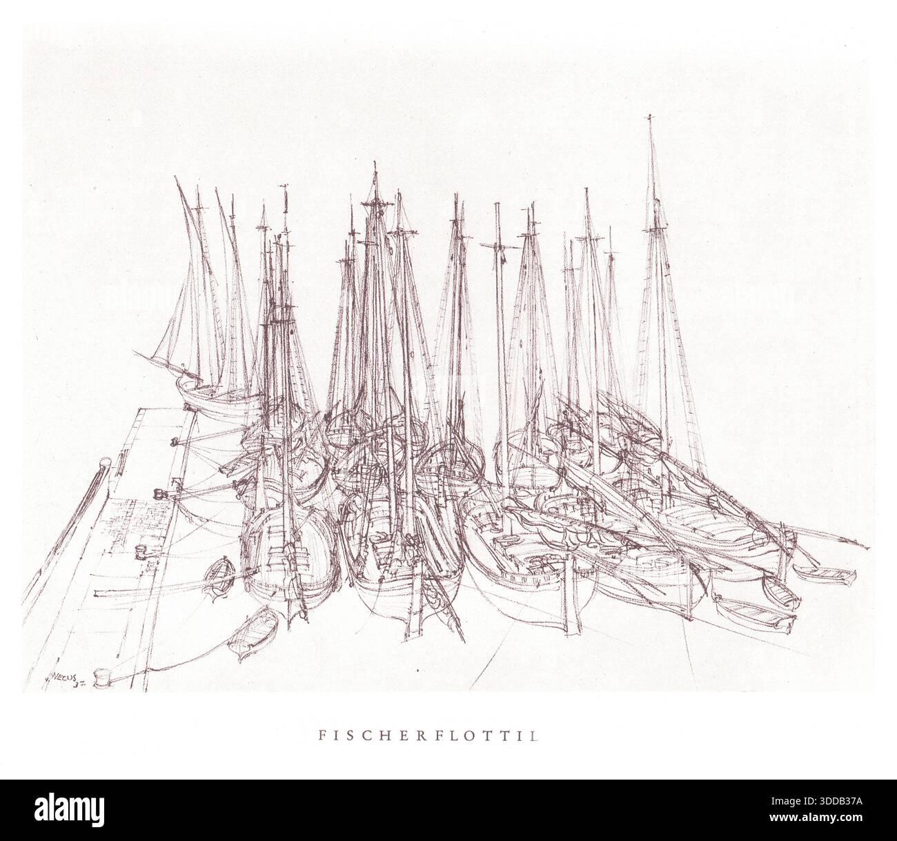 Fischerflottille: A Detailed Sketch of a Dense Fleet of Sailing Ships ...