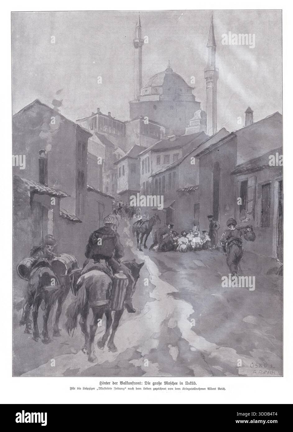 Historic Balkan Street Scene Featuring Mosque, Donkeys, and Market ...