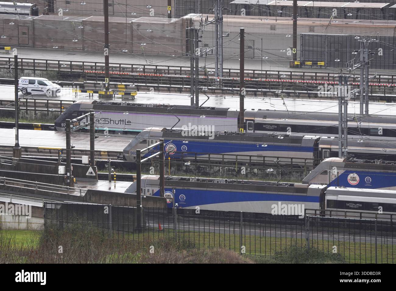 Trains at the Le Shuttle terminal in Folkestone in Kent. Eurostar has ...