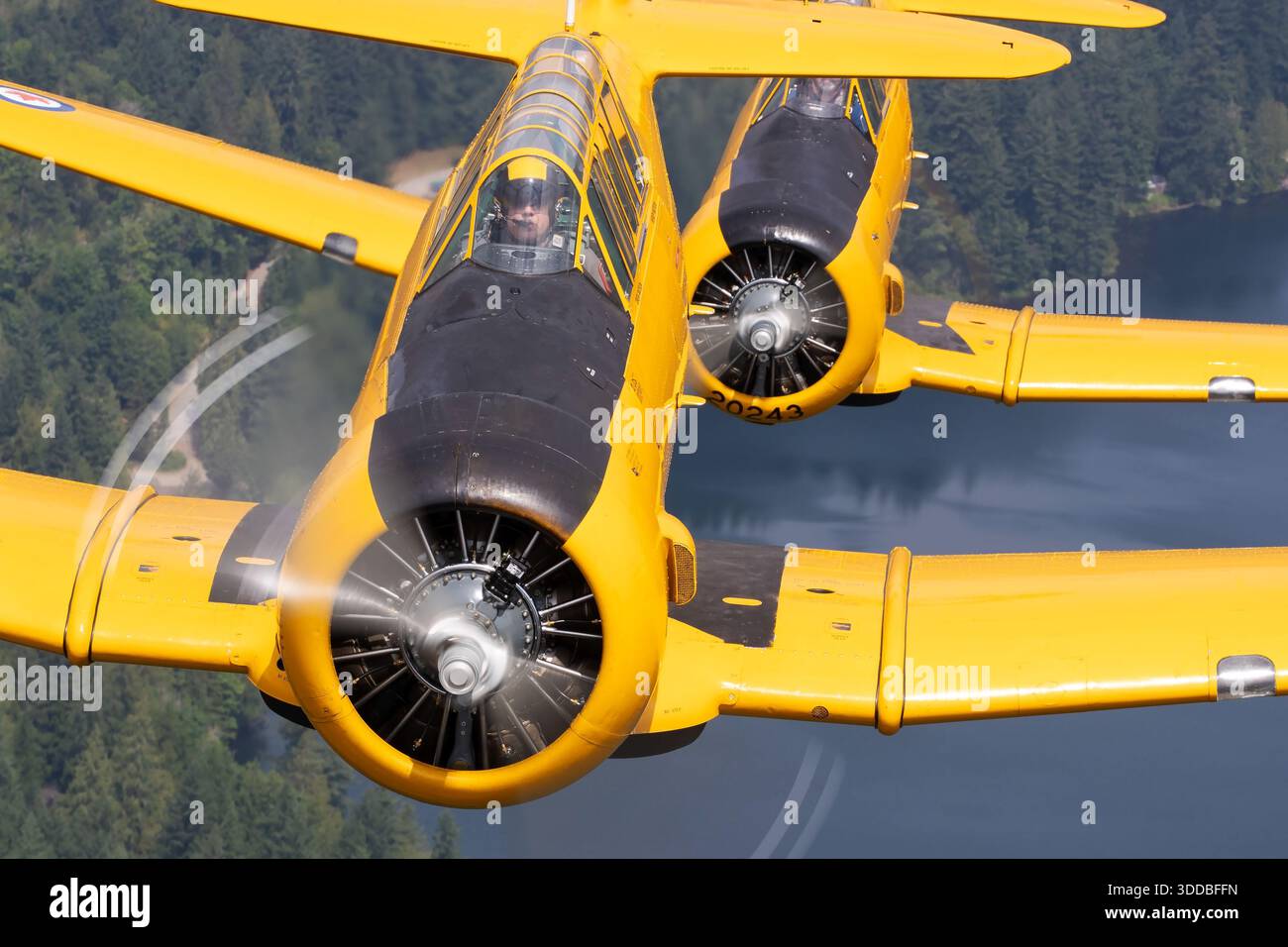 An air-to-air photograph shows two historical military training ...