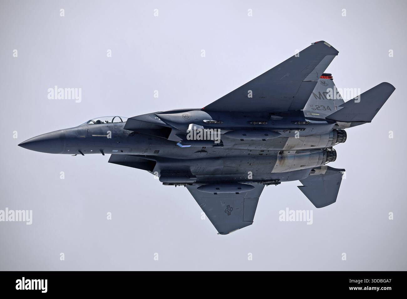 This photograph shows the underside of a U.S. Air Force F-15E Strike ...