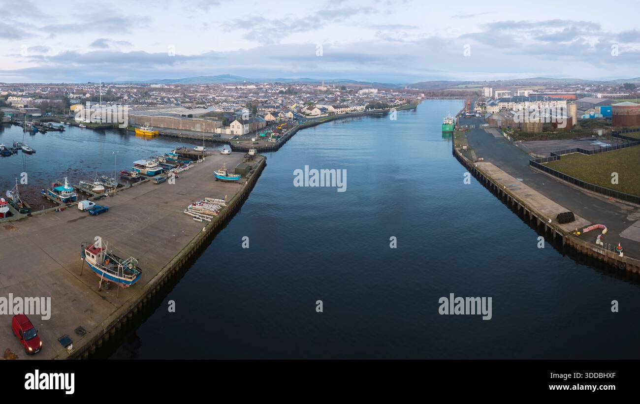 Drone panorama of Arklow Harbour showing River Avoca, working quays and ...