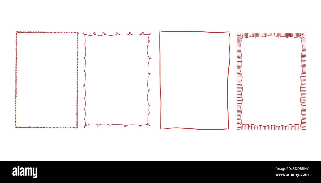 A set of hand-drawn whimsical vector frames. A collection of linear red ...
