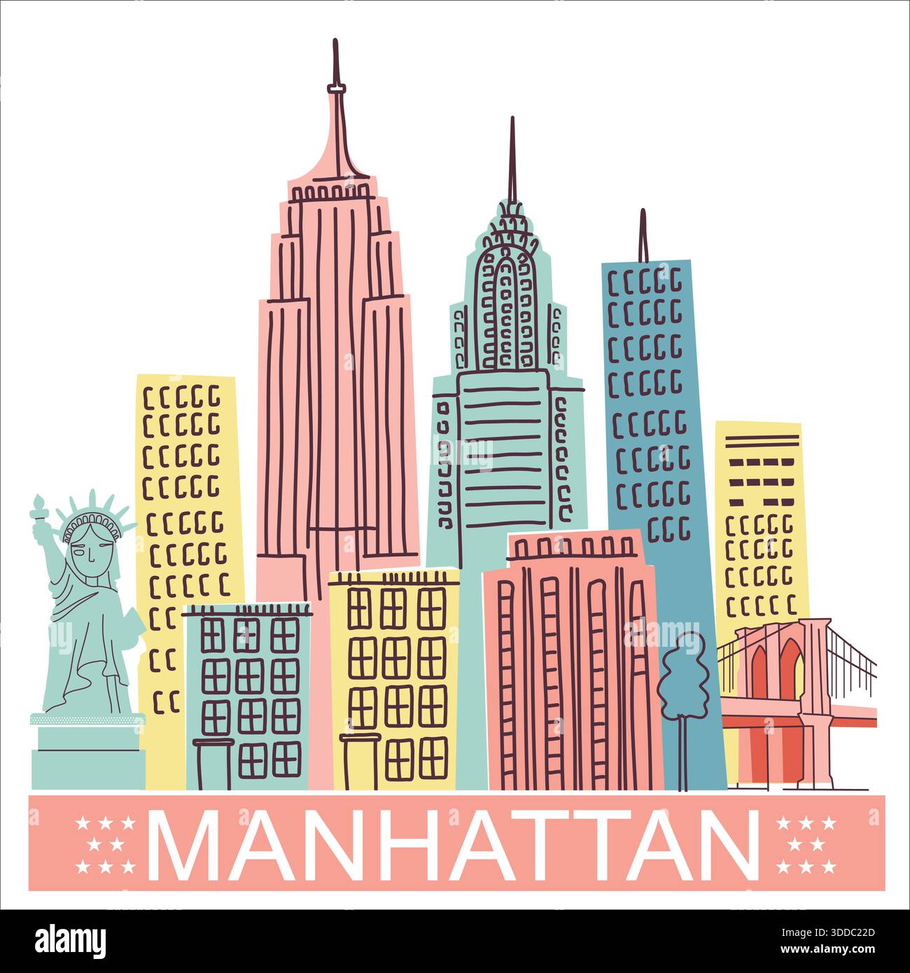 Manhattan Skyline vector hand drawn illustration isolated on white ...