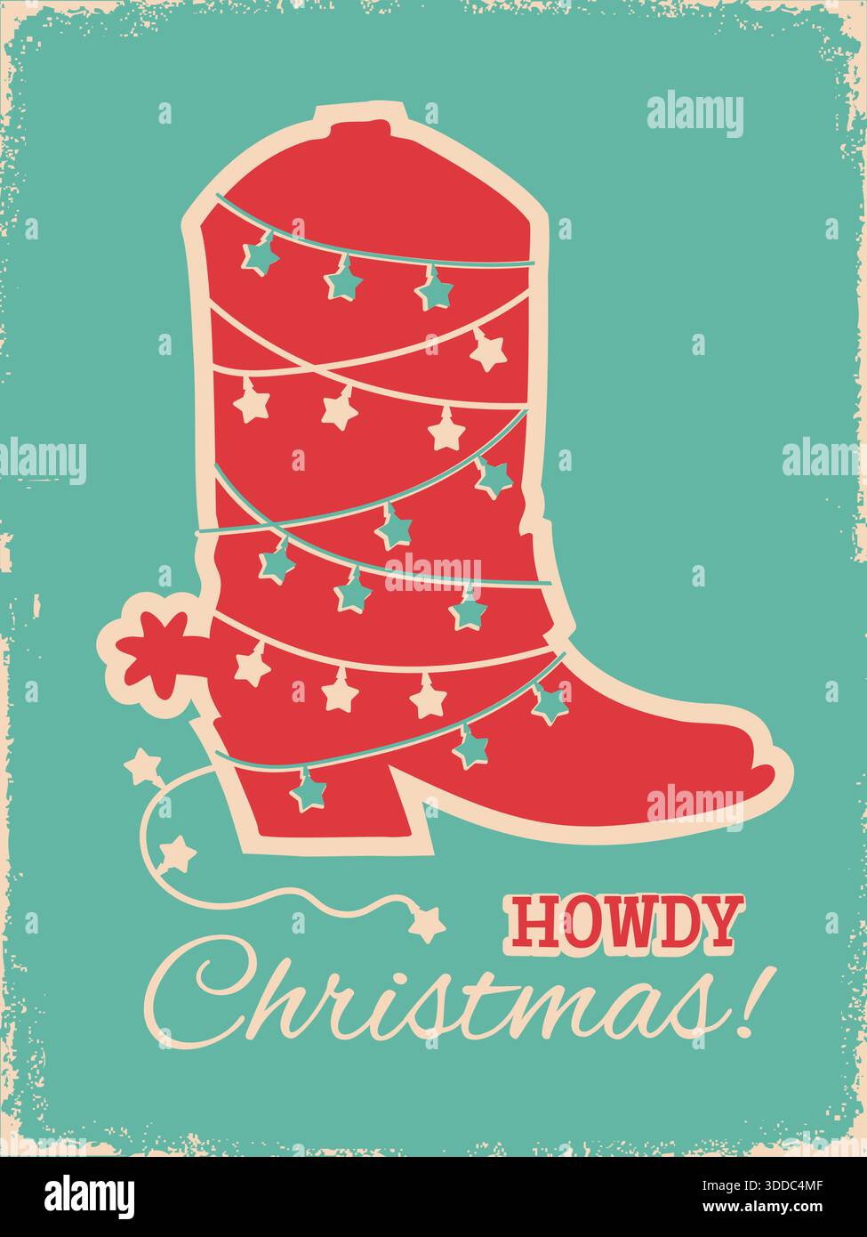 Vintage cowboy Christmas boot Lights Western Holiday vector ...