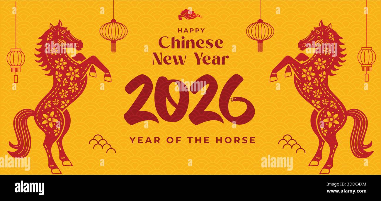 Chinese New Year 2026 greeting cards with horse illustration, lanterns ...