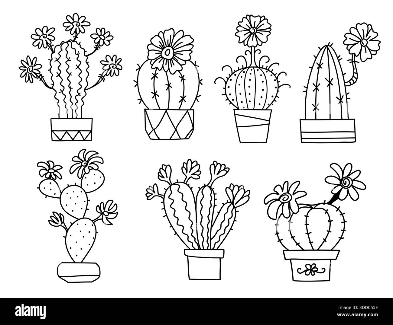 Cactuses. Hand drawn outline cactus with flowers. Vector set cacti ...