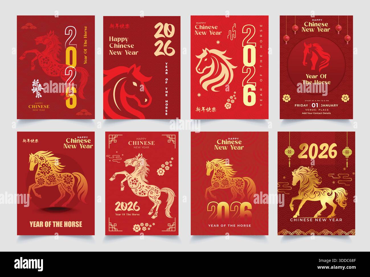 Big Set of Chinese New Year 2026 greeting cards in red and gold colors ...