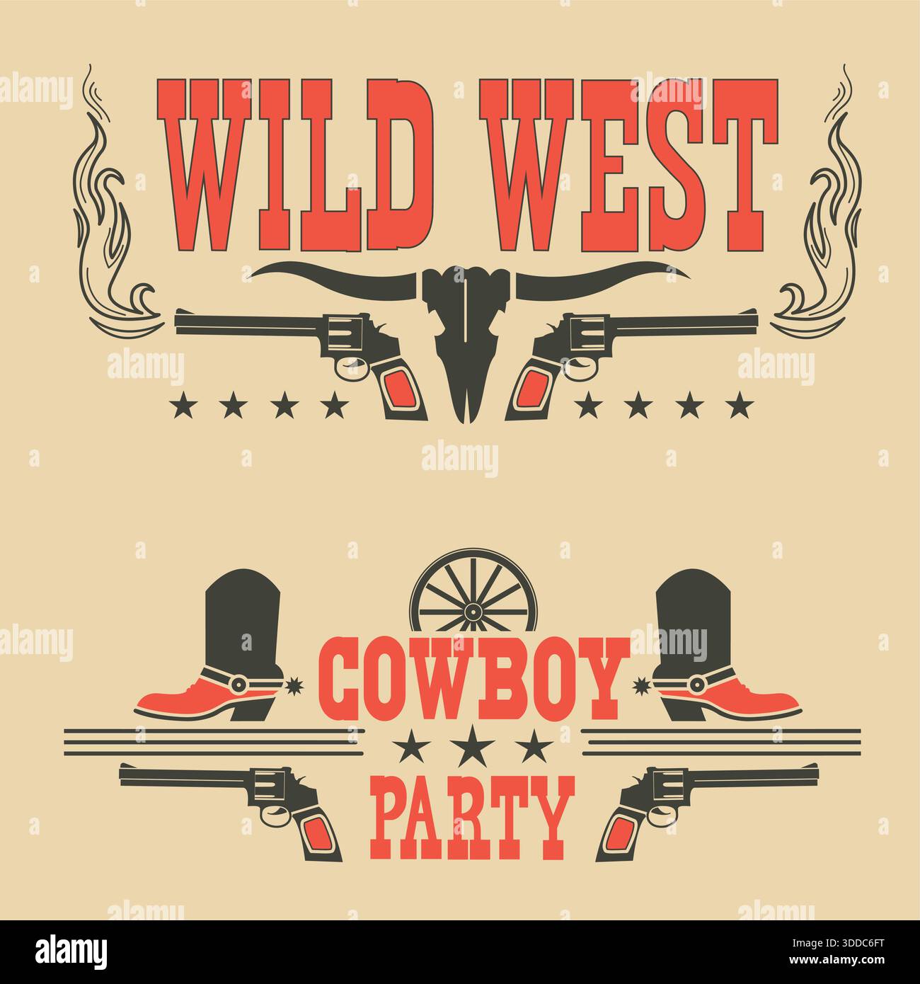 Cowboy labels and western symbols isolated on white background. Vector ...