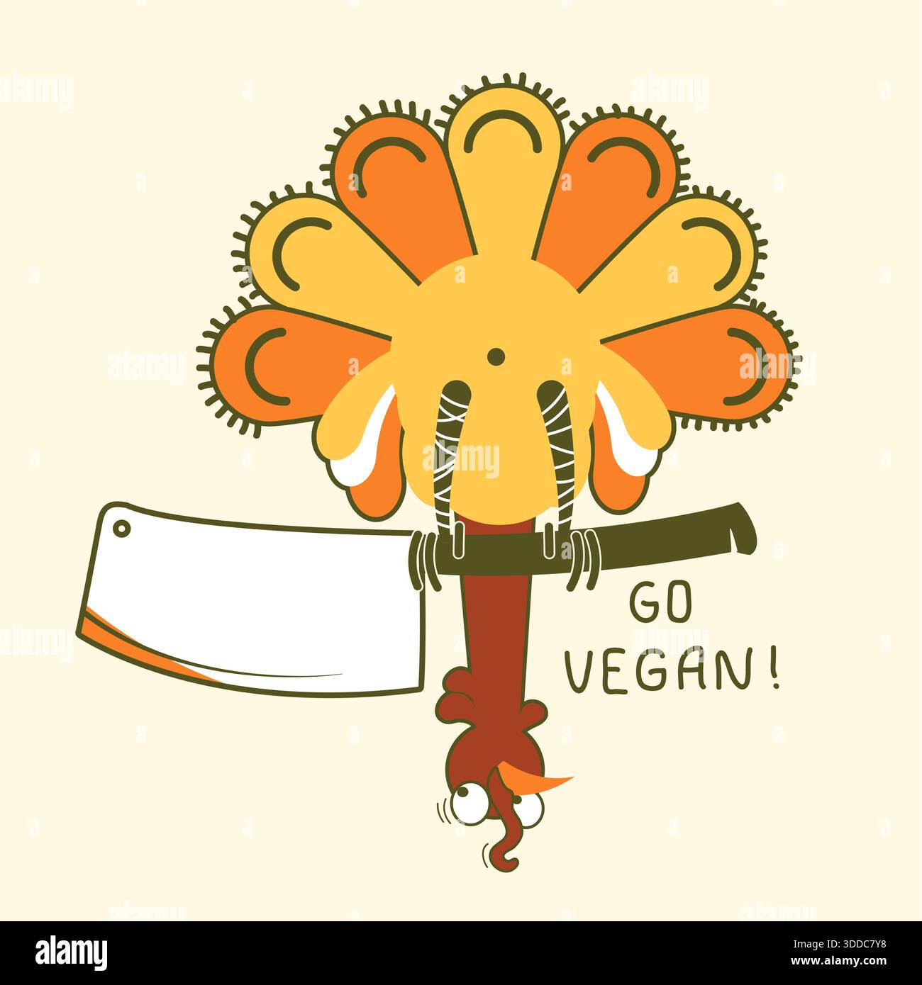 Go vegan. Thanksgiving turkey bird sitting on an ax. Vector color ...