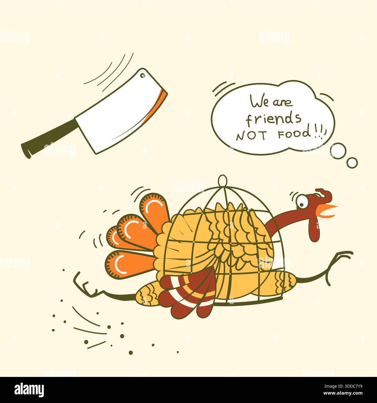 Go vegan. Thanksgiving turkey bird runs away from the ax on color ...