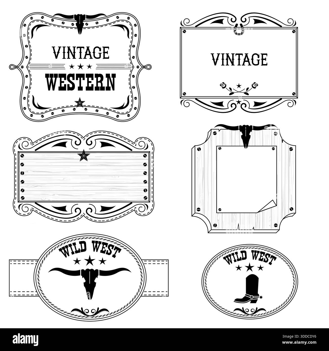 Western vintage cowboy labels isolated on white for design.Vector ...