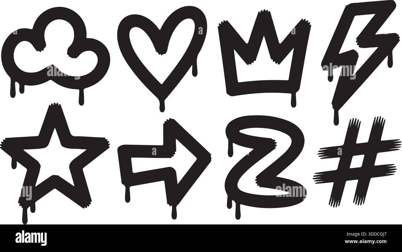 Bold graffiti drip symbols set urban street art black ink vector icons ...
