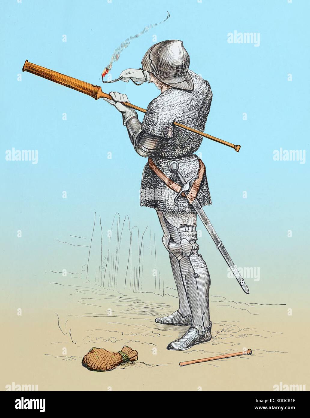 Swiss soldier firing a hand cannon, with powder bag and ramrod at his ...