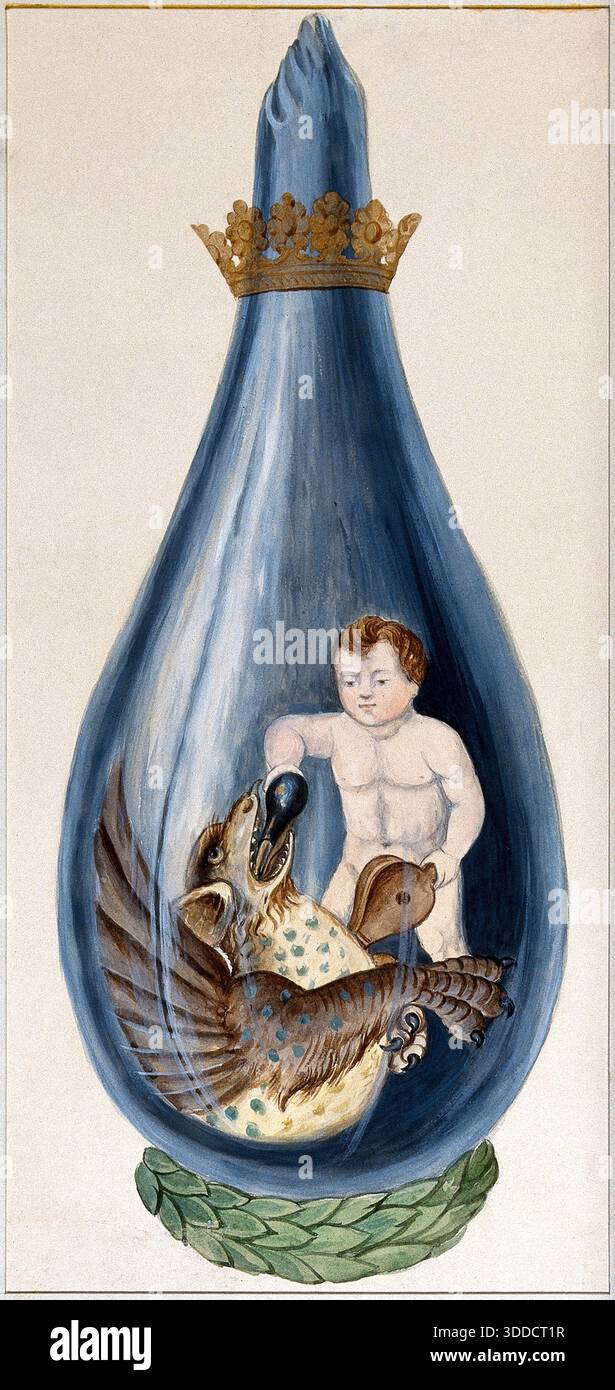 A putto pours a phial into a dragon's mouth, pumping a bellows with his ...