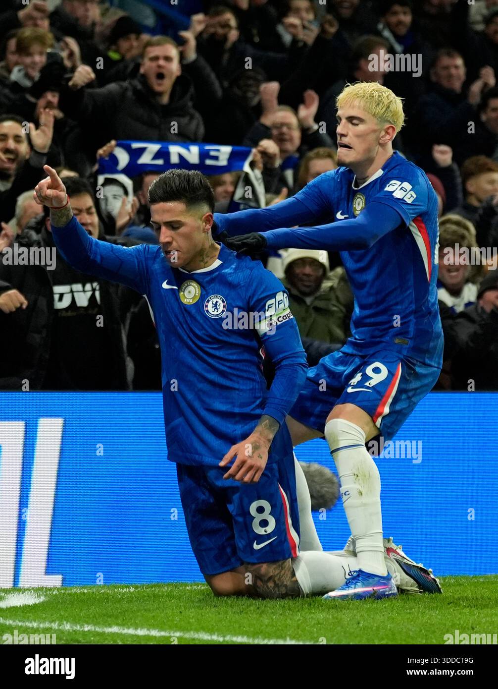 Chelsea's Enzo Fernandez (left) celebrates with Alejandro Garnacho ...