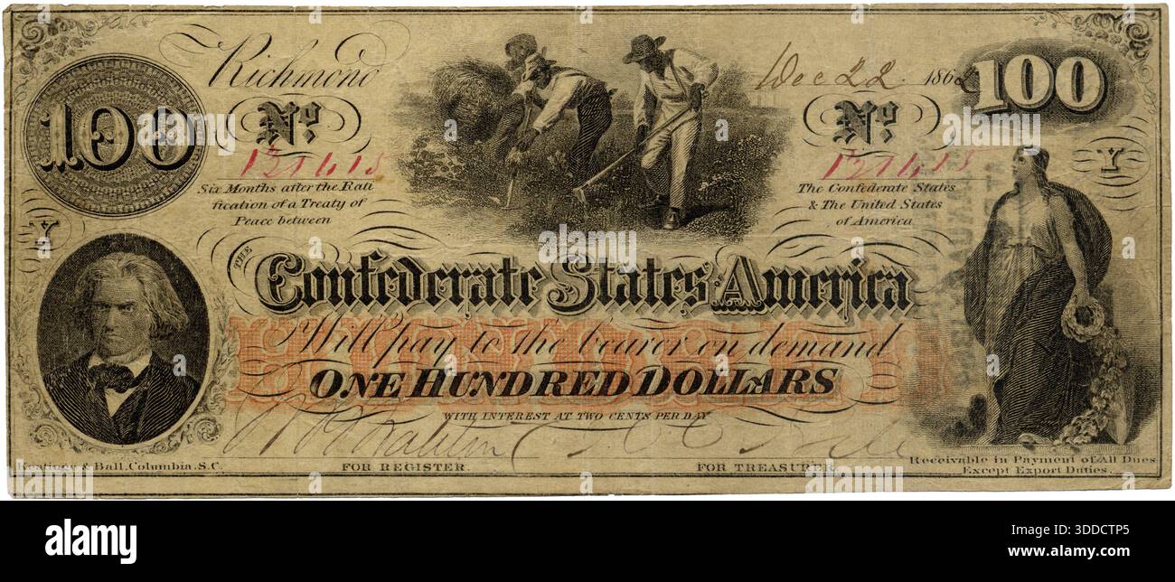 A hundred dollar Confederate States of America banknote dated December ...