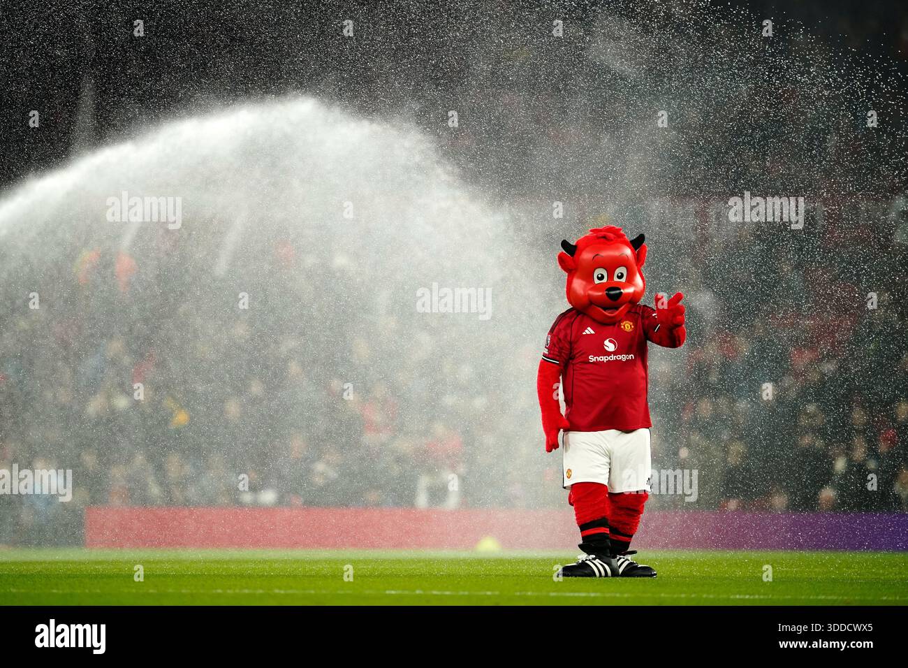 The Manchester United mascot Fred the Red walks on the pitch ahead of ...