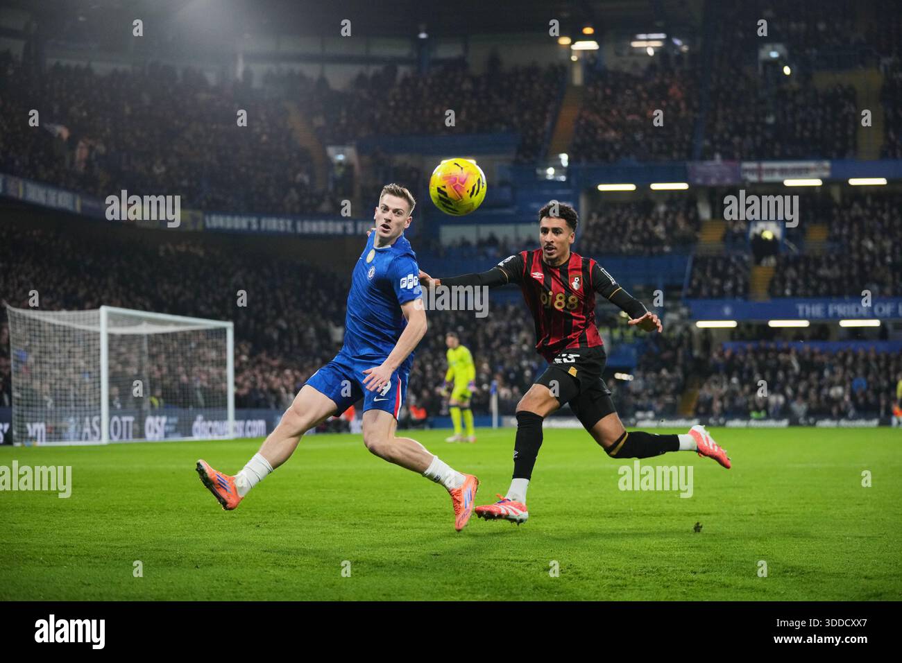 Chelsea's Liam Delap, left, and Bournemouth's James Hill compete for ...
