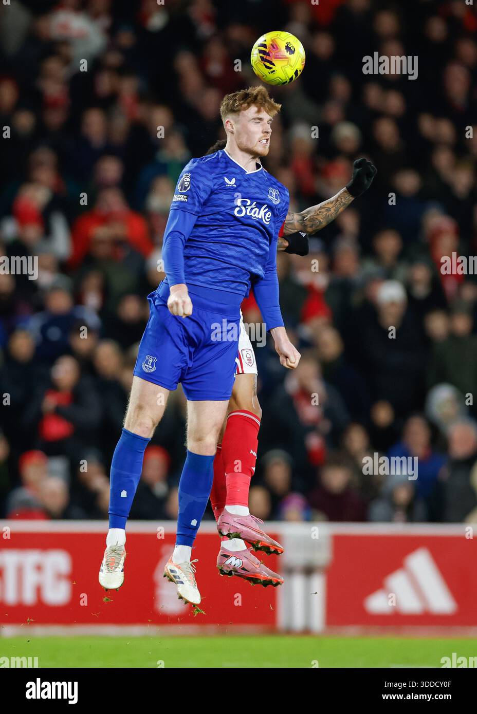 Nottingham, England, 30th December 2025. Jake O'Brien of Everton heads ...