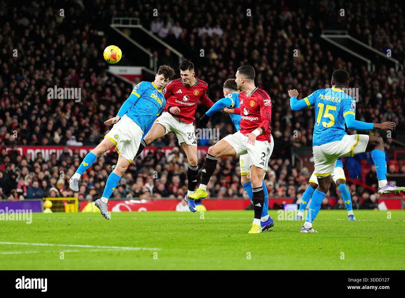 Manchester United's Benjamin Sesko attempts a header on goal during the ...
