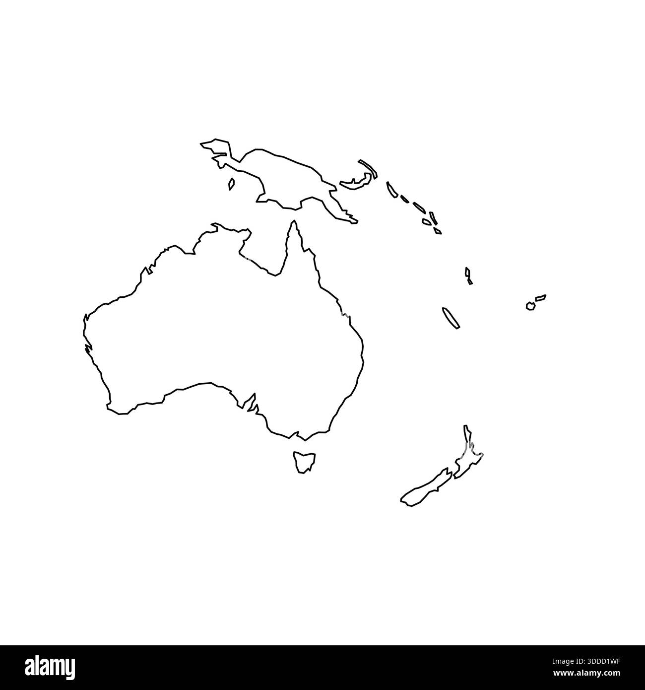 A simple black silhouette outlines the map of Australia and Oceania ...