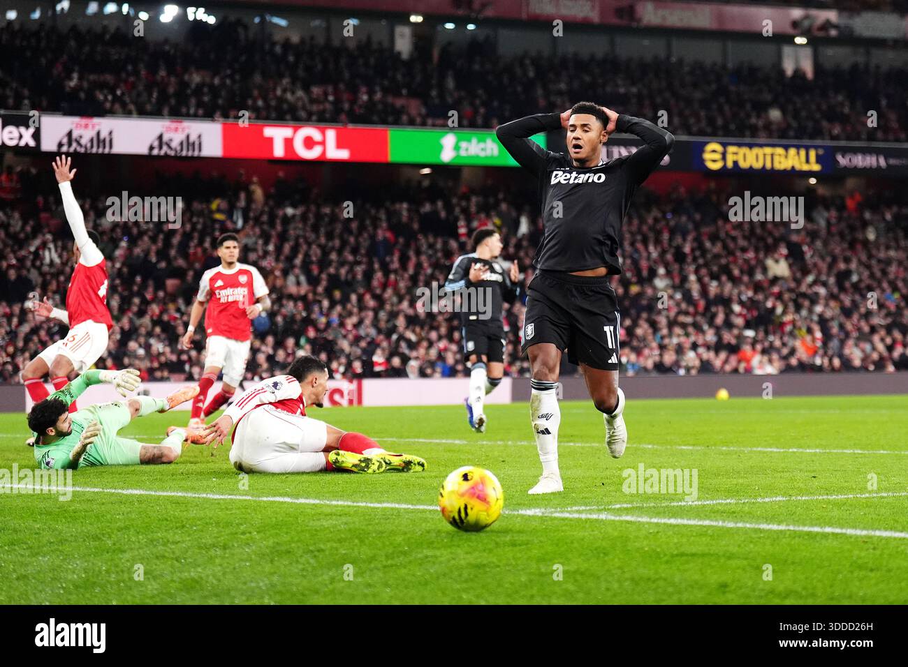 Aston Villa's Ollie Watkins reacts after a missed opportunity during ...