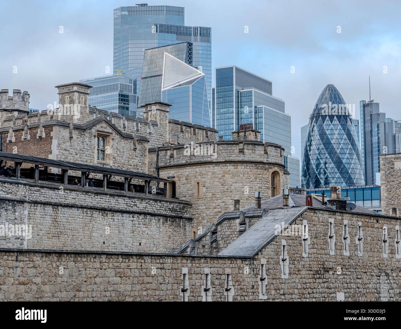 City of London modern architecture seen above the walls of the Tower of ...