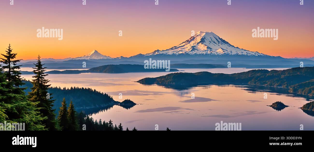 Classic view of Mount Baker from San Juan Islands, calm reflective ...