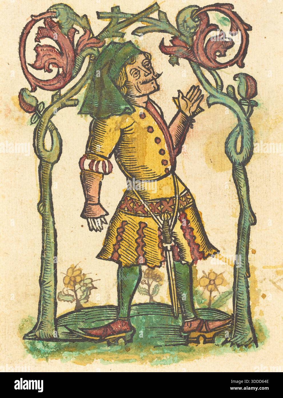 Hand-colored woodcut illustration of a Morris dancer wearing ...