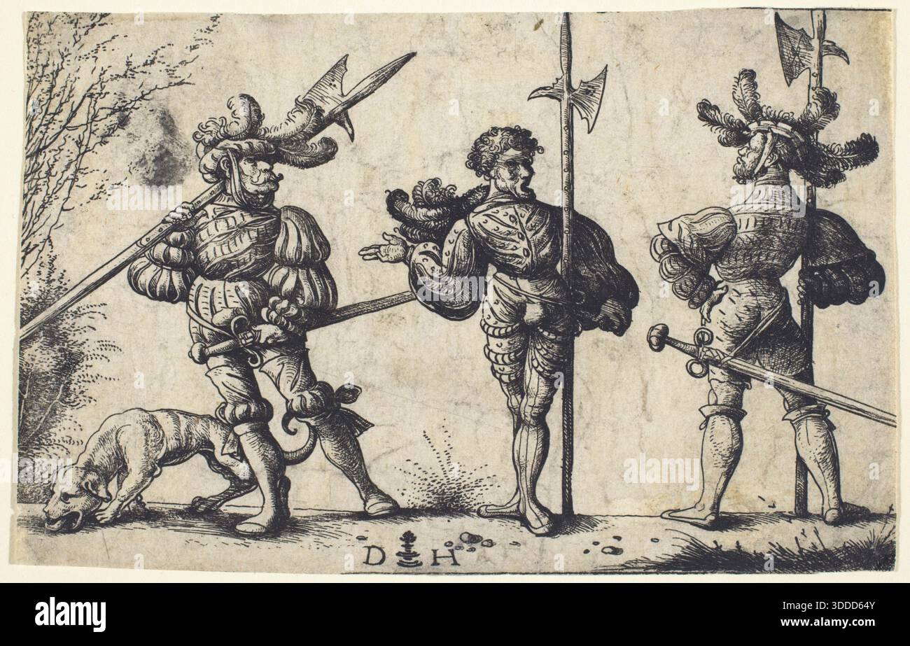 Three German soldiers armed with halberds shown in different poses ...