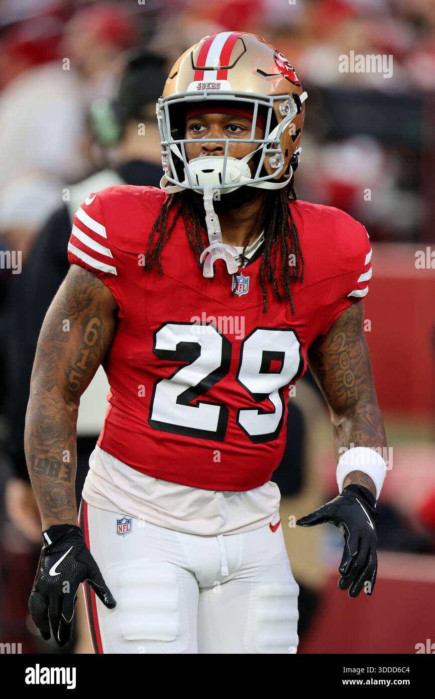 San Francisco 49ers running back Jordan James (29) warms up during an ...