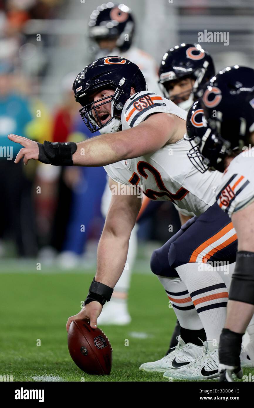 Chicago Bears center Drew Dalman (52) gestures during an NFL football ...
