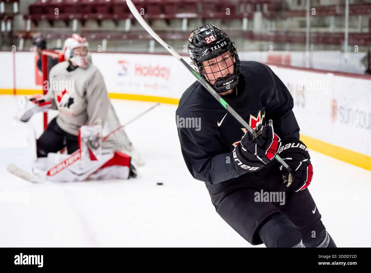 Canada's Keaton Verhoeff (20) practices during the 2026 IIHF World ...
