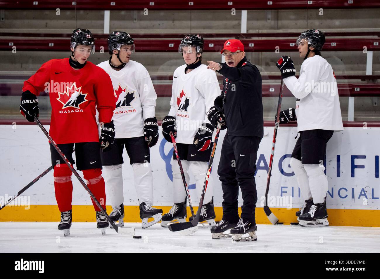 Team Canada assistant coach Gardiner MacDougall gestures at a practice ...