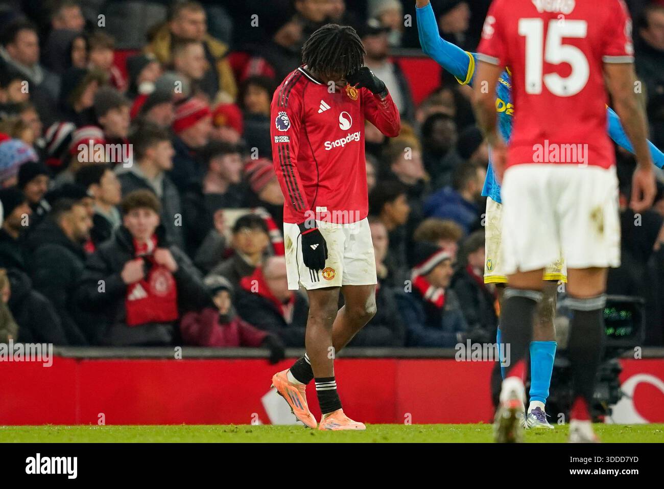 Manchester United's Patrick Dorgu reacts disappointed after a goal was ...