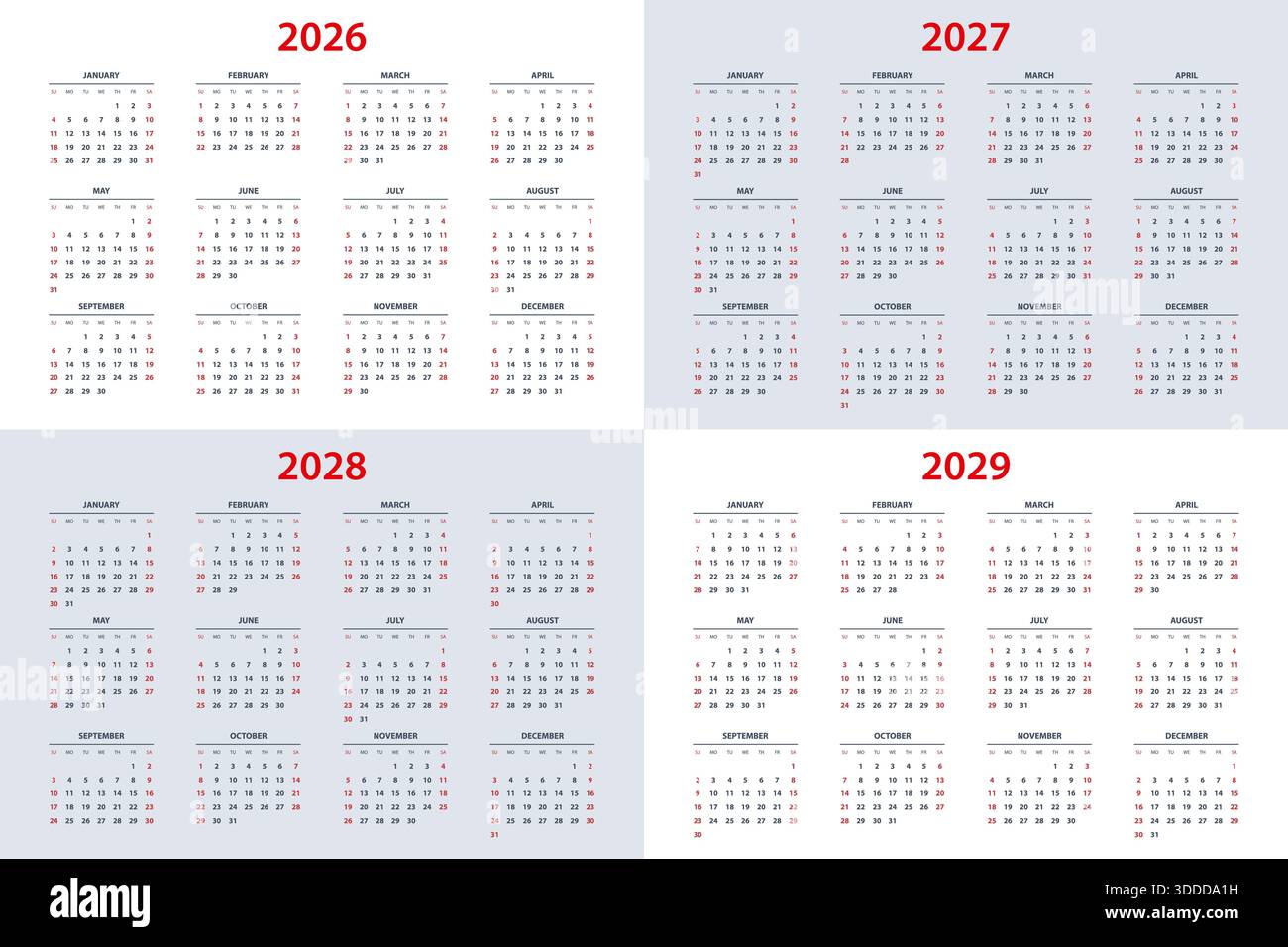 Calendar planner for 2026, 2027, 2028, 2029 year. Сalendar design, 12 ...