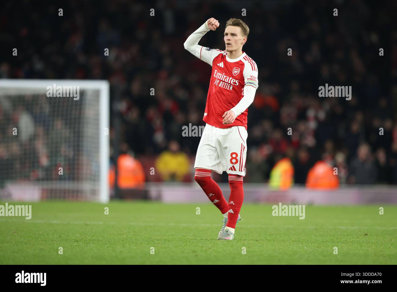 Martin Odegaard (A) celebrates at the end at the Arsenal v Aston Villa ...
