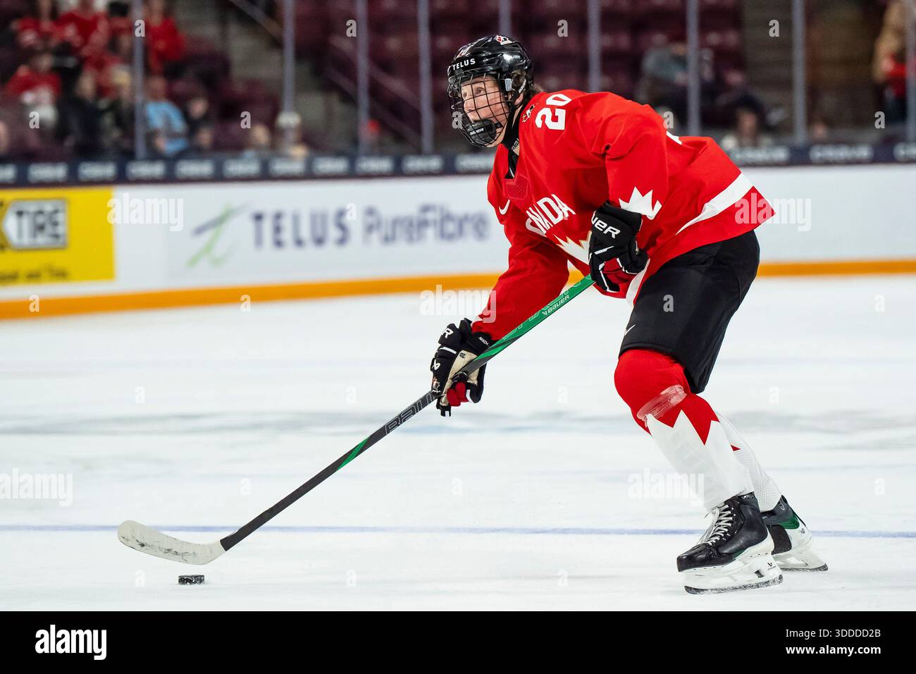 Canadian defenceman Keaton Verhoeff (20) plays against Denmark at the ...