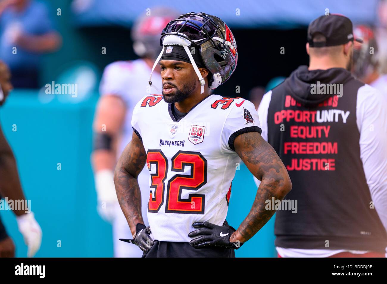 Tampa Buccaneers cornerback Josh Hayes (32) stands on the field before ...