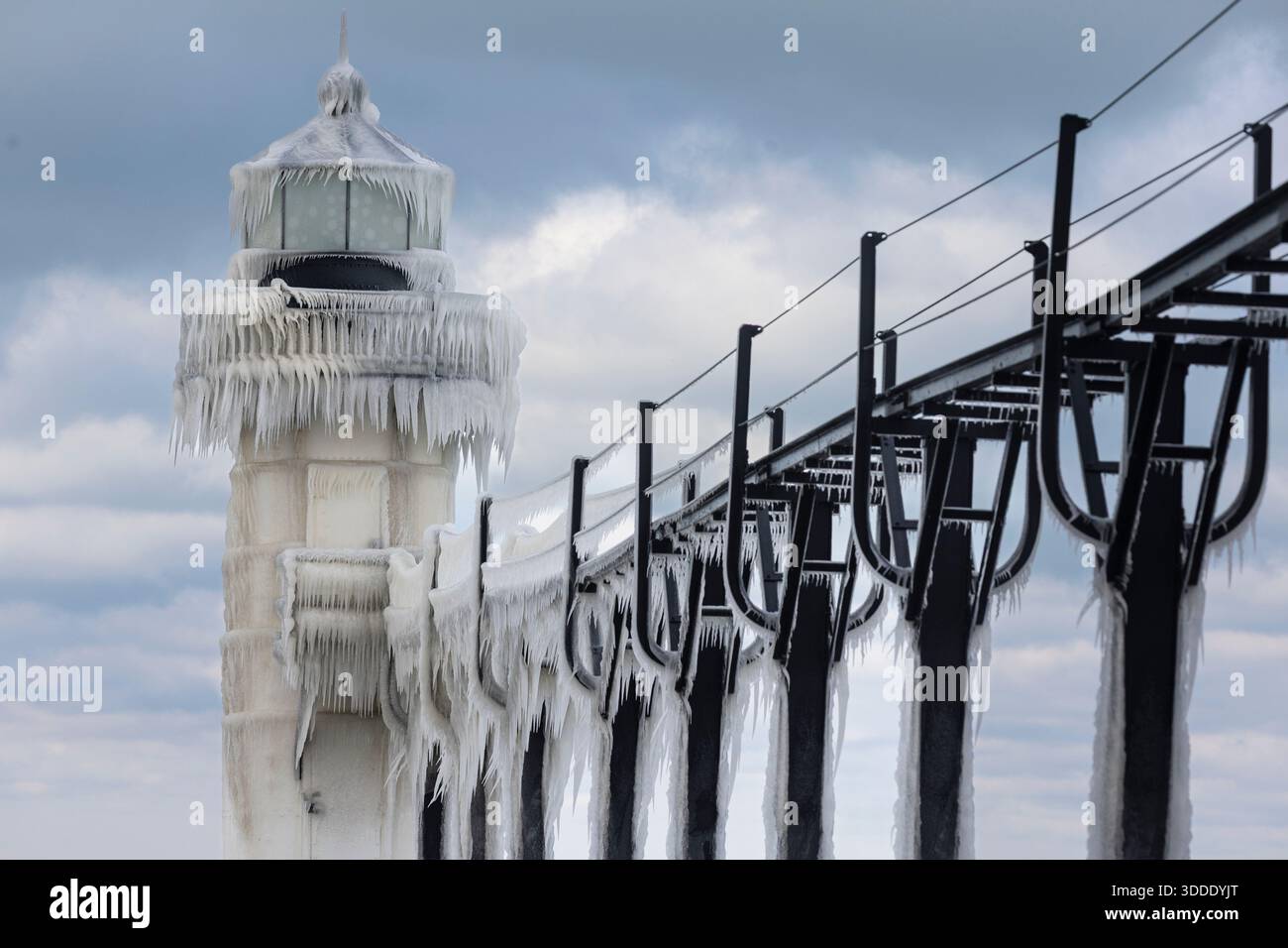 Ices covers the North Pier Outer Lighthouse at Tiscornia Park in St ...