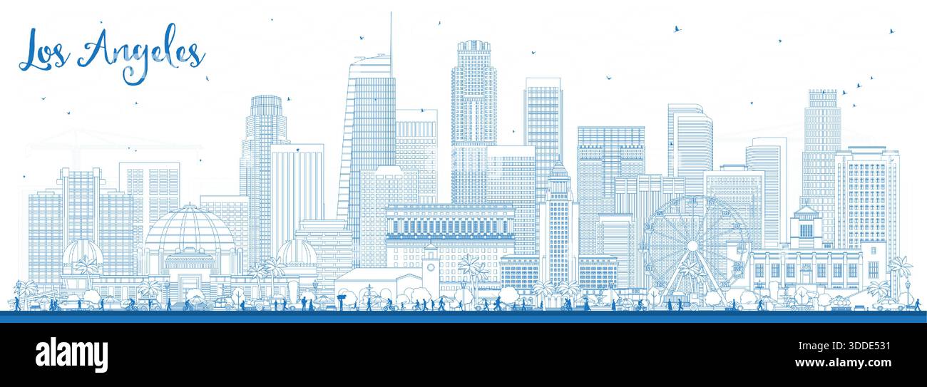 Outline Los Angeles USA city skyline with blue buildings. Vector ...