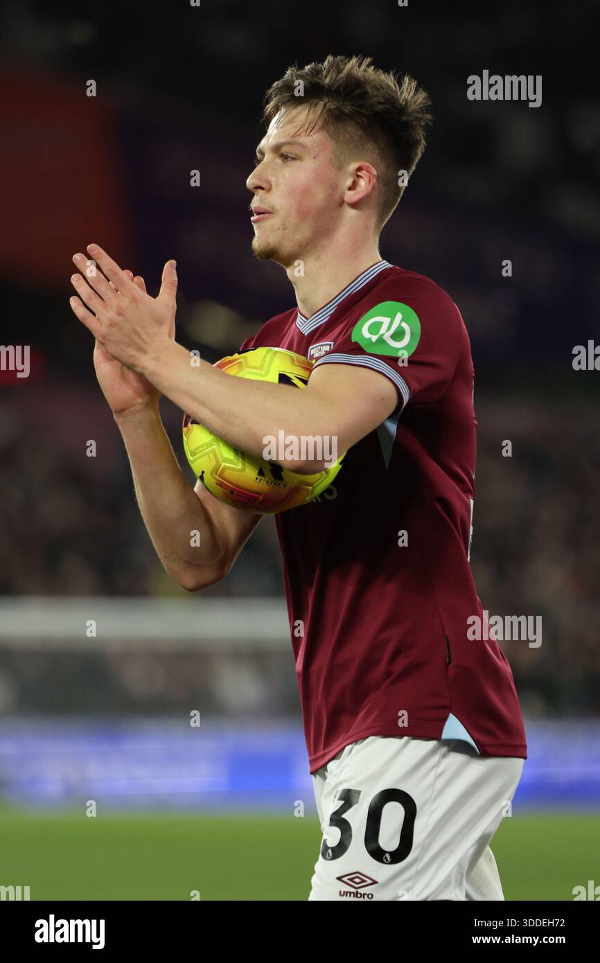 West Ham defender Oliver Scarles applauds the fans during the West Ham ...