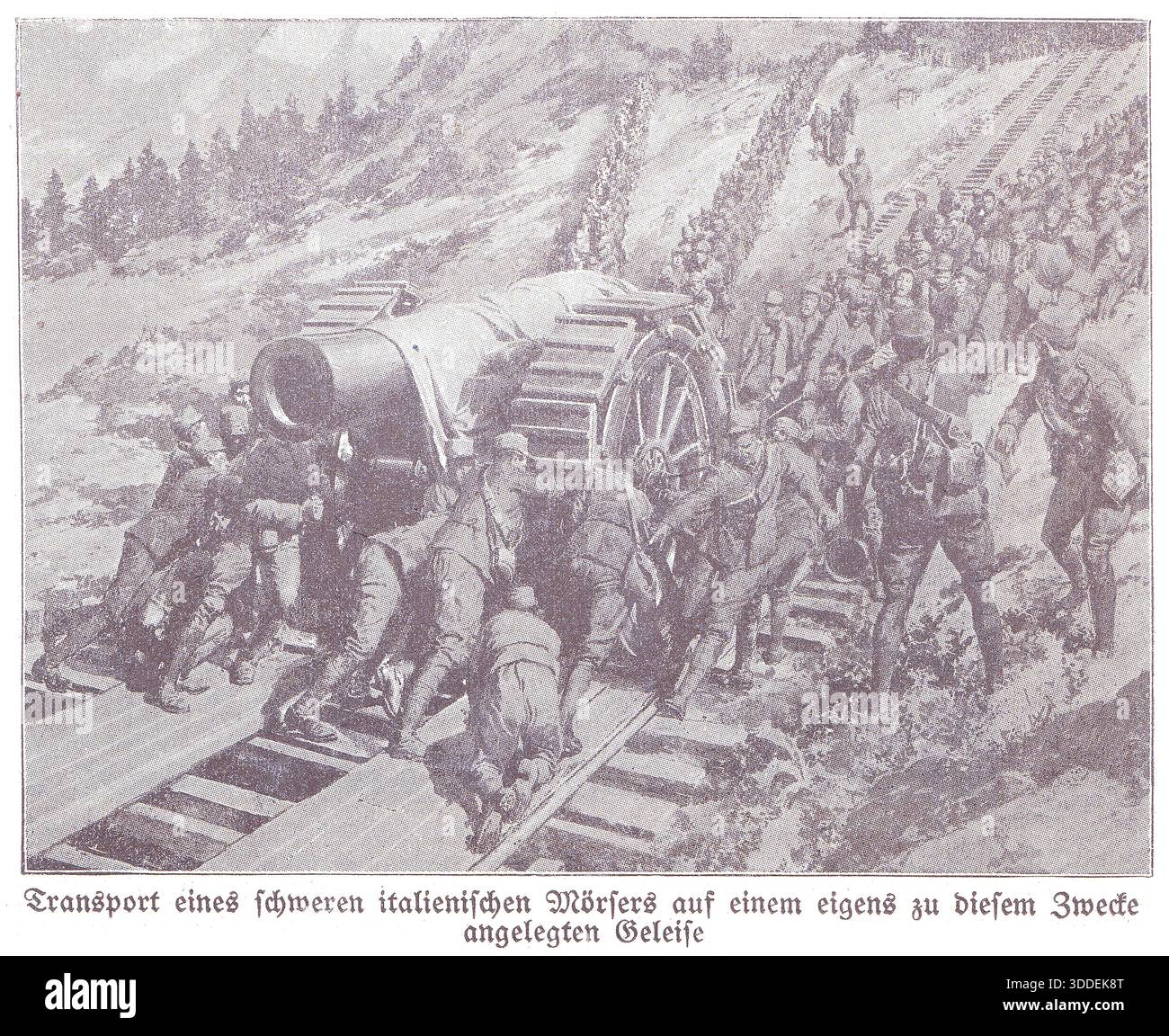 Soldiers transport a heavy Italian mortar along a rail track during ...