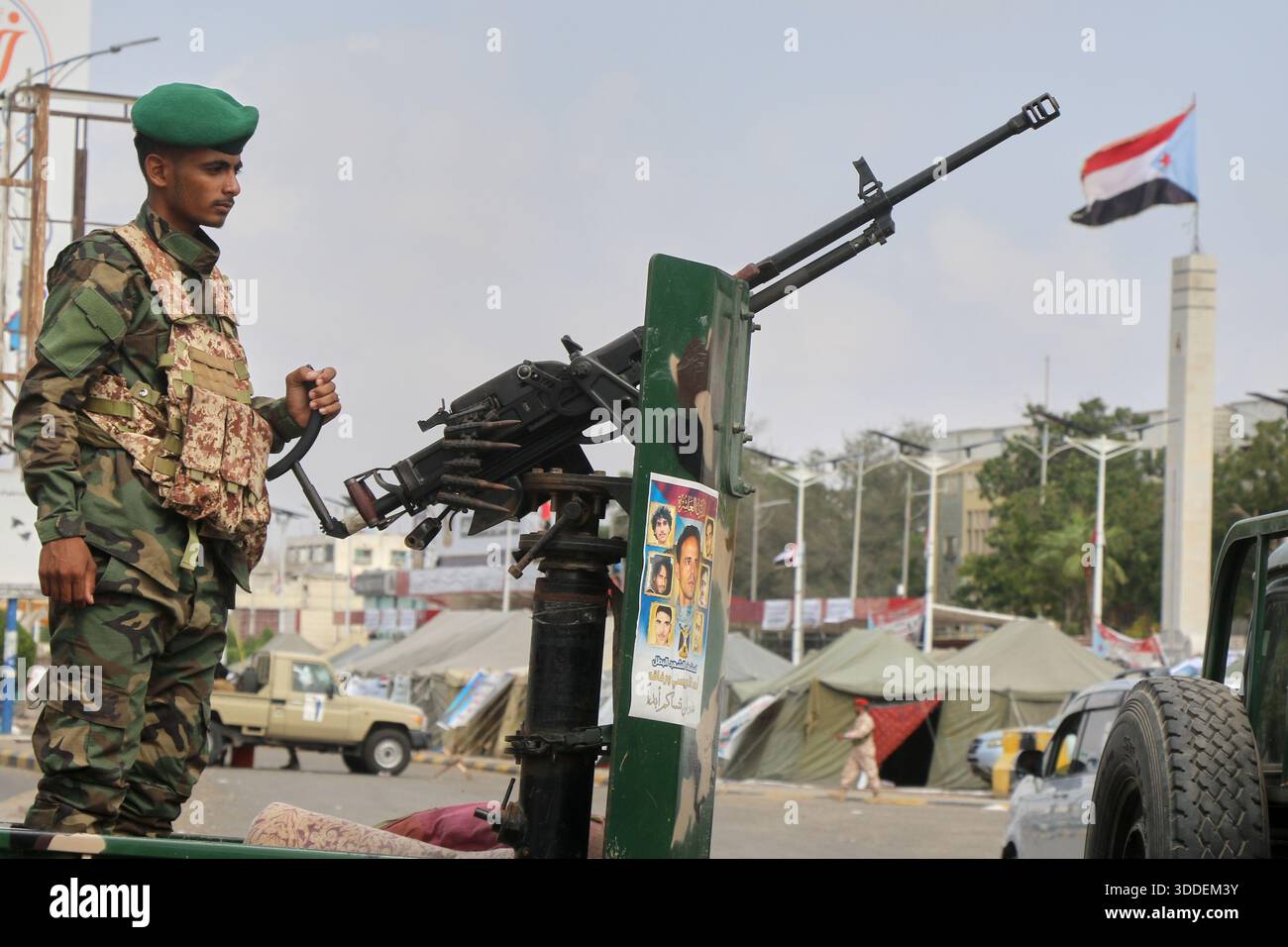 A Southern Yemen soldier of Southern Transitional Council (STC) stands ...