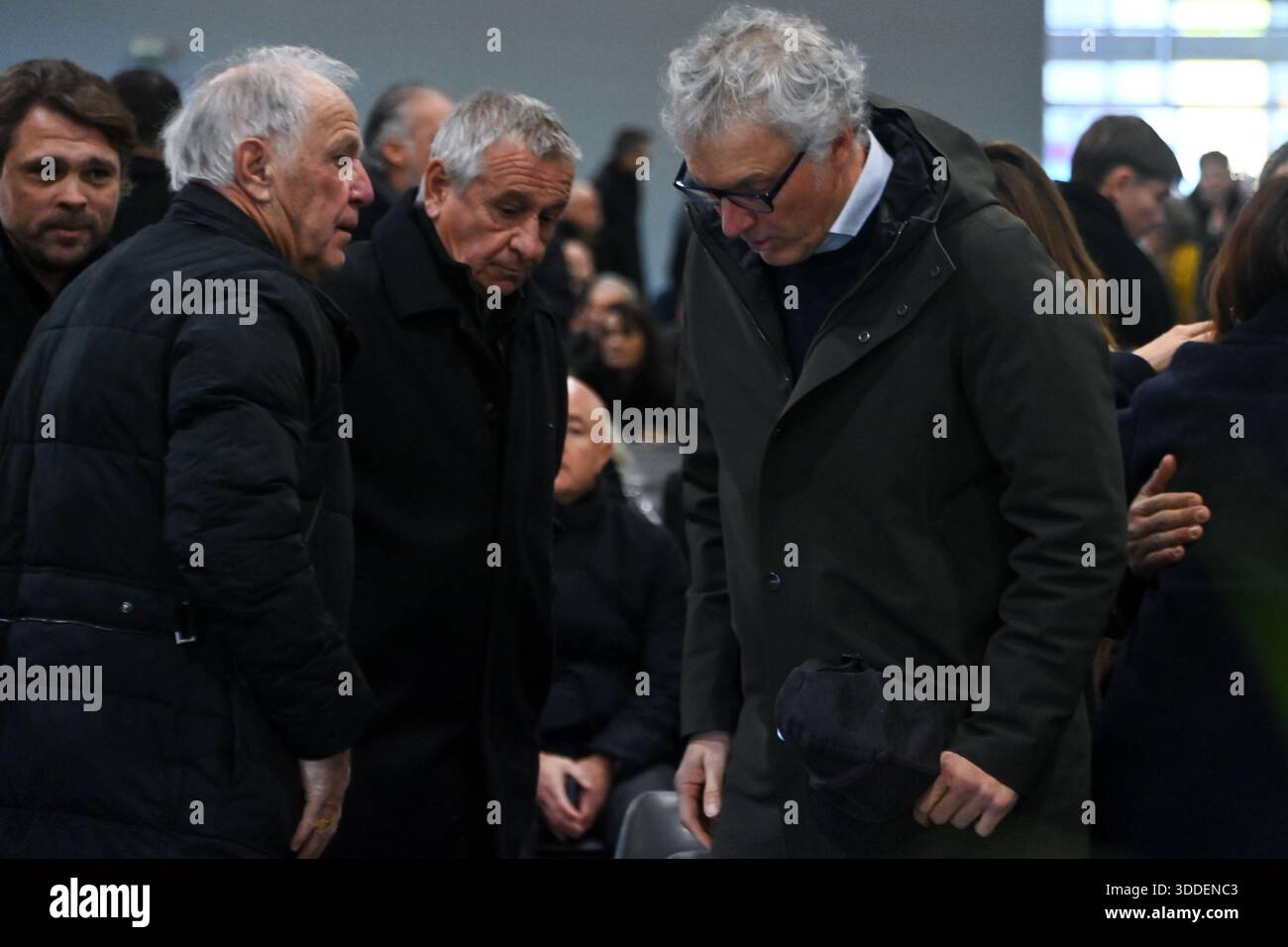 Rene GIRARD with Laurent BLANC and Pascal BAILLS during the Funeral of ...