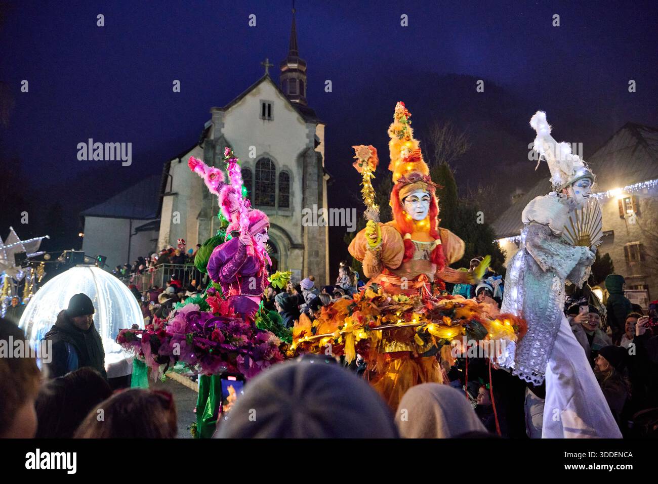 Chamonix-Mont-Blanc in the French Alps town centre Christmas Eve parade ...