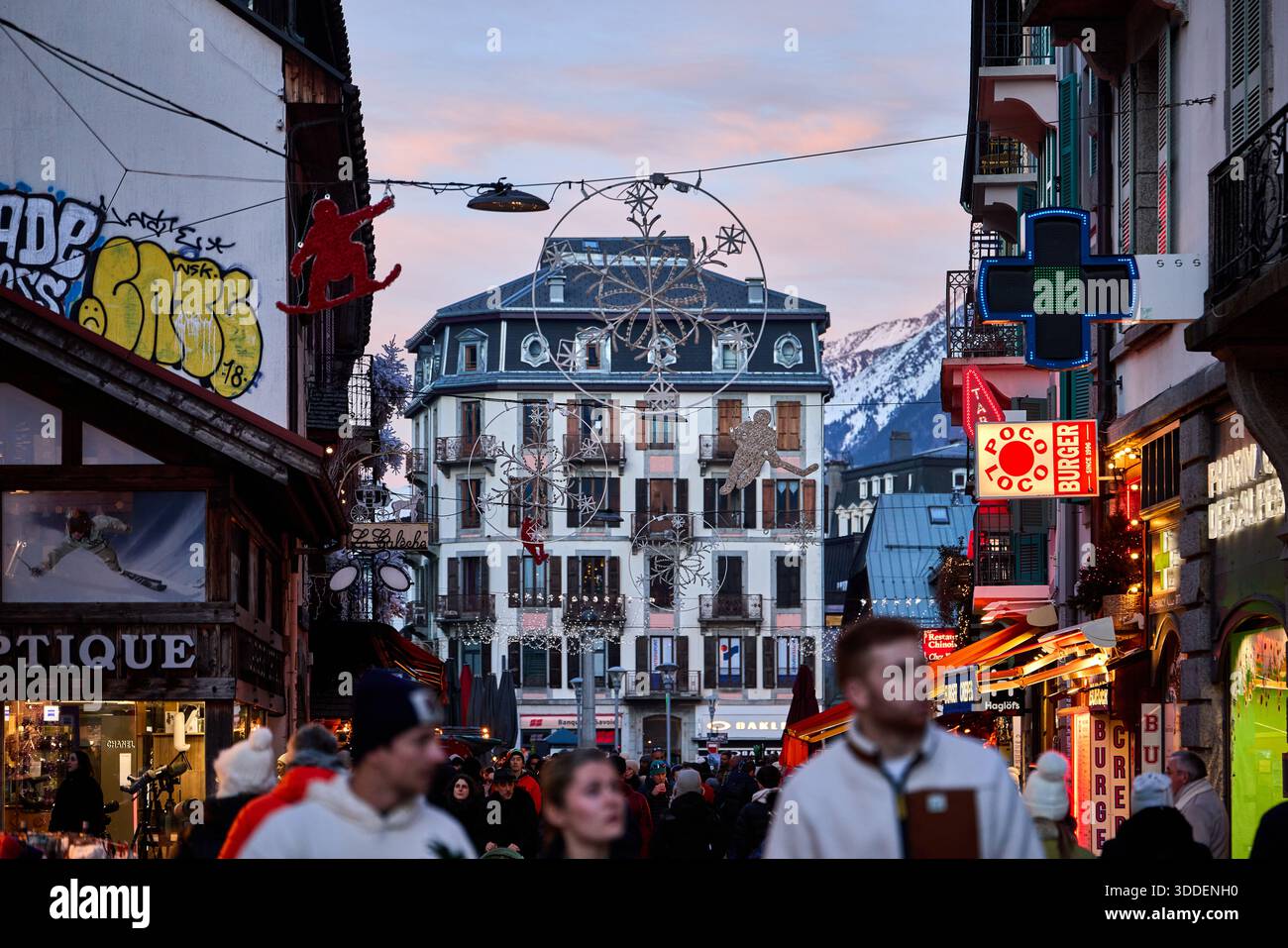 Chamonix-Mont-Blanc in the French Alps busy town centre Stock Photo - Alamy