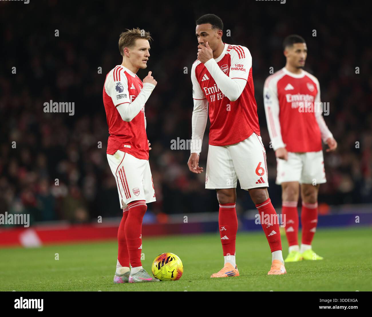 Martin Odegaard (A) Gabriel Magalhaes (A) at the Arsenal v Aston Villa ...