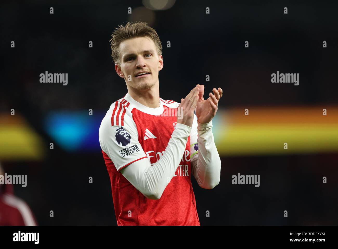 Martin Odegaard (A) celebrates at the end at the Arsenal v Aston Villa ...